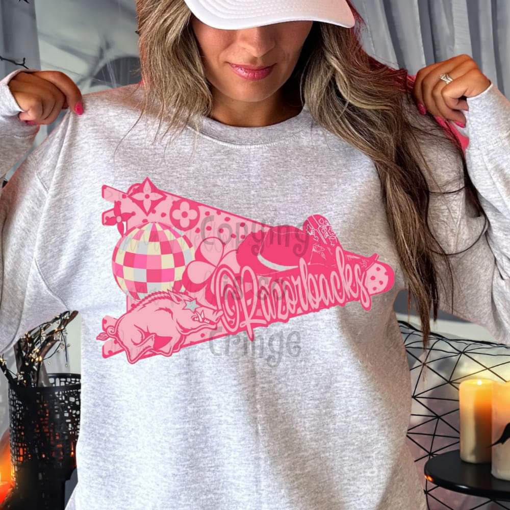 Razorbacks ; preppy pink PENNANT FLAG mascot drop ; DTF TRANSFER ...