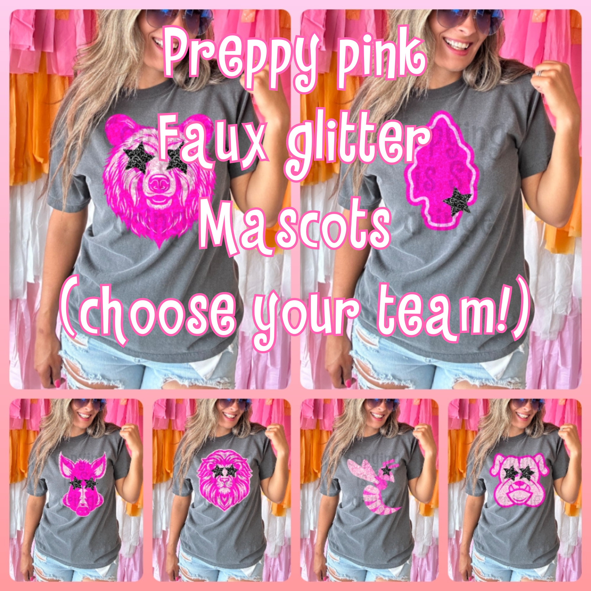 Preppy pink faux glitter star eyes football mascot teams - DTF TRANSFE ...