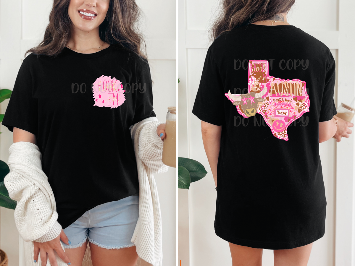 Hook em Austin Texas ; preppy pink mascot drop ; DTF TRANSFER ...
